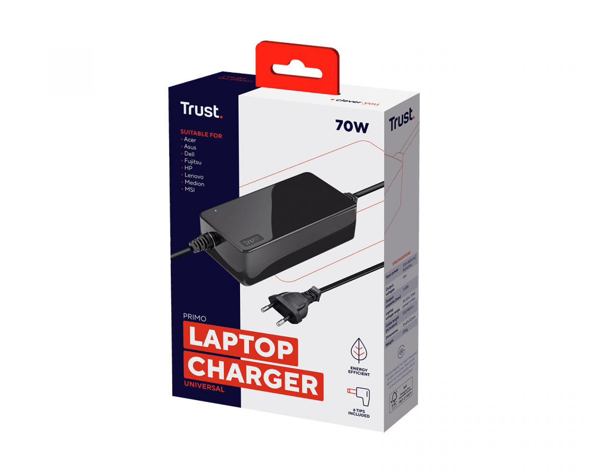 Trust Primo Universal 70W Laptop Charger - Black - MaxGaming.com