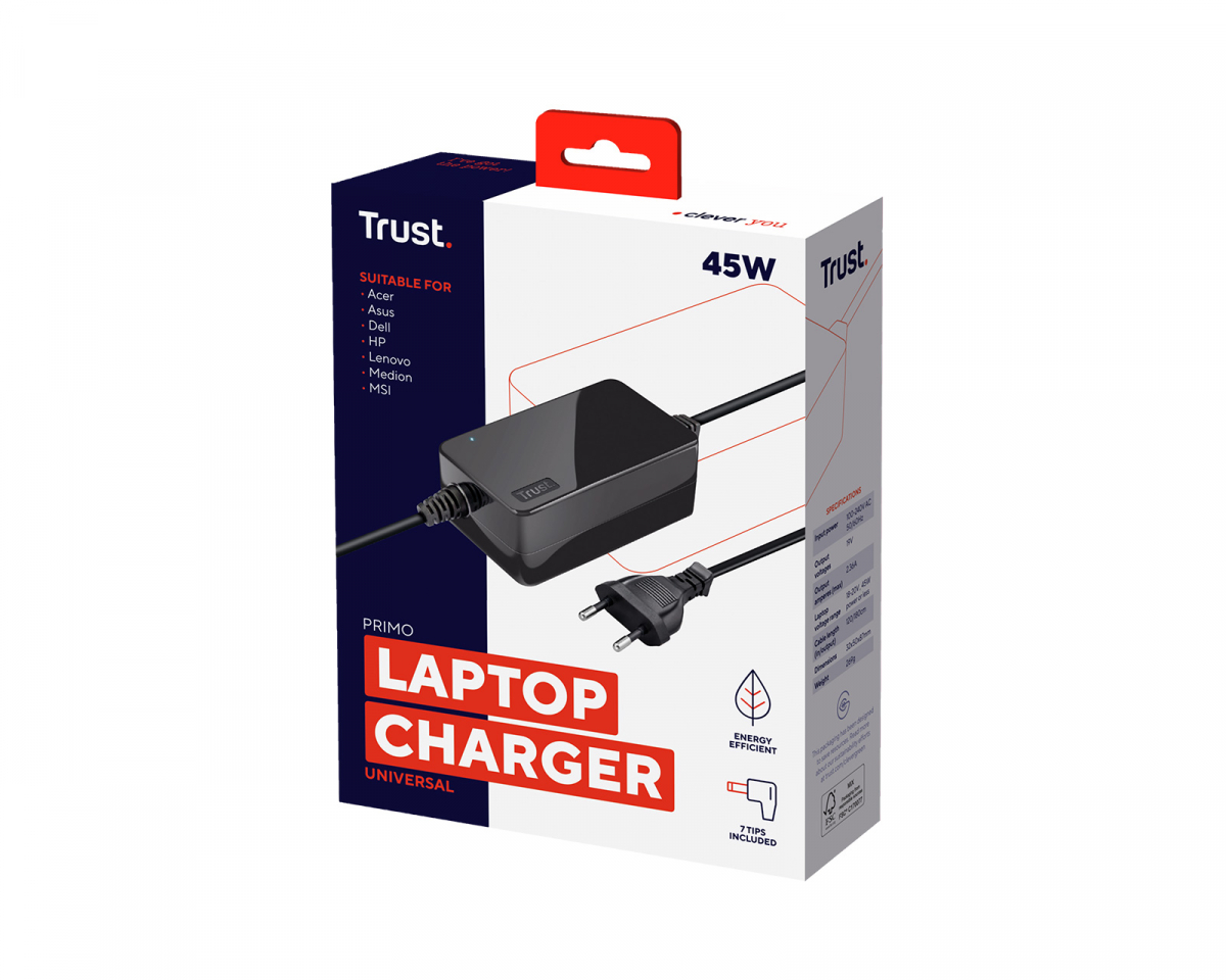 Trust Primo Universal 45W Laptop Charger - Black - MaxGaming.com